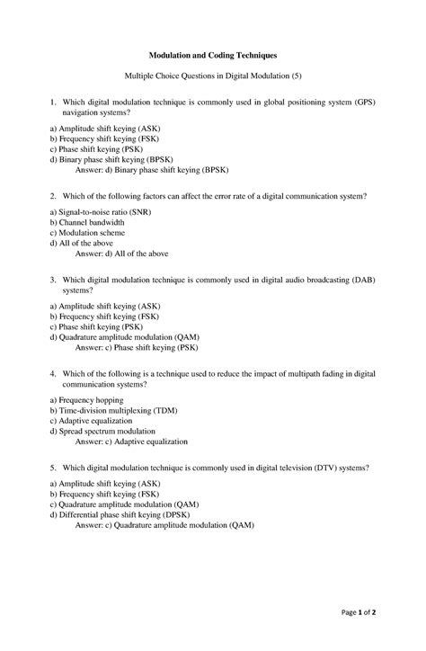 Mcq In Digital Modulation 5 Page 1 Of 2 Modulation And Coding Techniques Multiple Choice