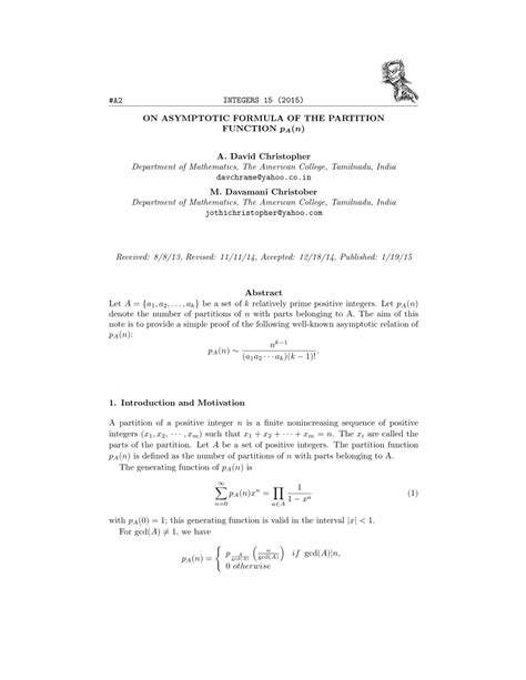 Pdf On Asymptotic Formula Of The Partition Function Pan