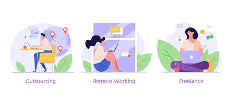 프리랜서 컬렉션 집에서 일하는 프리랜서 여성 채팅에 프리랜서 글로벌 아웃소싱 원격 작업 및 홈 오피스 작업 채팅 웹 디자인에 대한 벡터 그림 개념에 대한 스톡 벡터 아트 및