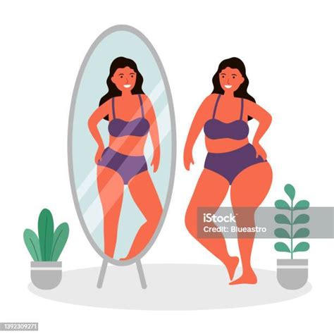 하얀 배경에 평평한 디자인으로 그녀의 슬림 한 버전을 거울을보고 행복한 뚱뚱한 여자 자기 사랑 자신감 가냘픈에 대한 스톡 벡터