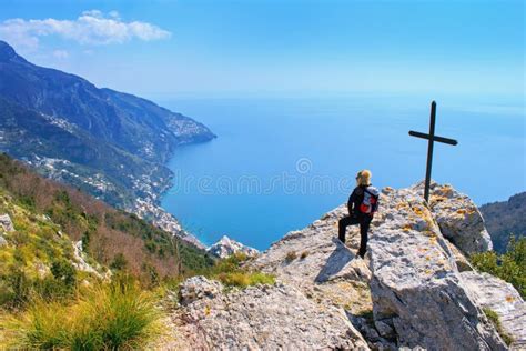 Woman Hiker Watching Costal Scenery Path Of The Gods Sentiero Degli