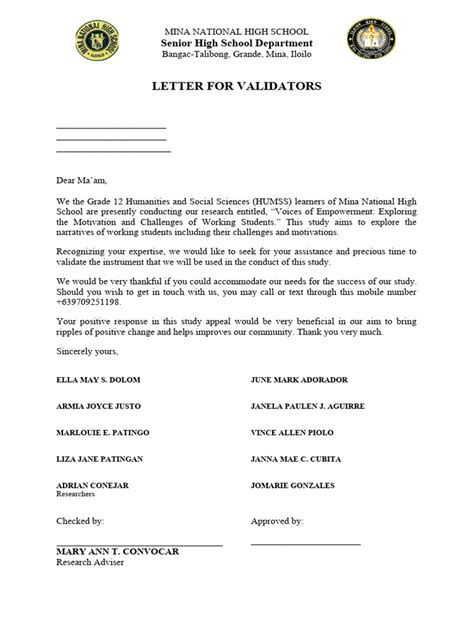 Letter For Validators Pdf