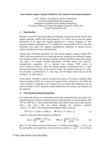 Pdf Time Domain Adaptive Integral Method For The Combined Field Integral Equation