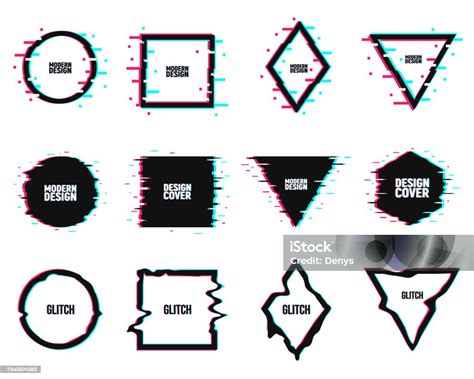 왜곡된 글리치 스타일의 벡터 프레임 테두리 및 로고 복고풍 글리치 스타일의 원 정사각형 삼각형 마름모 세트 디자인 배너 포스터 전단지 커버에 대한 현대적인 트렌디 한 배경