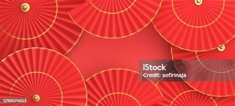 레드 페이퍼 핸드 팬 우산 와이드 컴포지션 3d 렌더링 일러스트로 새해 중국 새해 또는 중간 가을 장식 배경 디지털 생성