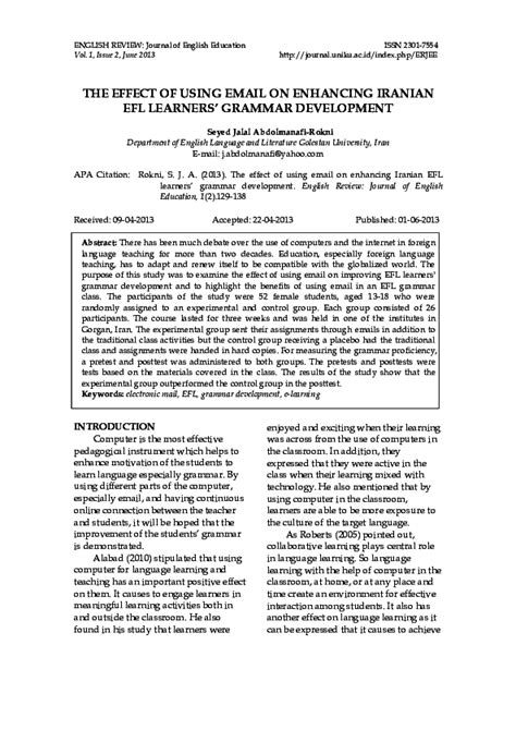 Pdf The Effect Of Using Email On Enhancing Iranian Efl Learners Grammar Development