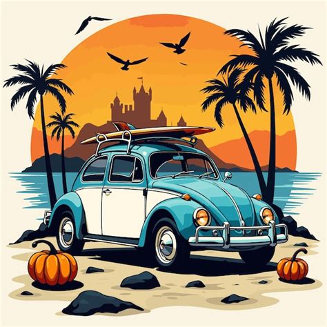 Beach Van With Surf Board Long Beach Summer Vibes Hand Draw Summer