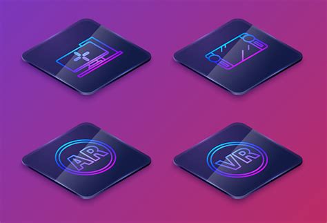 Isometric 라인 컴퓨터 모니터 Ar 증강 현실 휴대용 비디오 게임 콘솔 및 가상 현실 안경을 설정합니다 파란색 정사각형 버튼 벡터 3차원 형태에 대한 스톡 벡터 아트