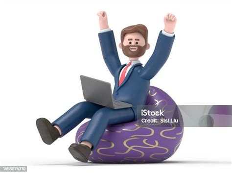 분홍색 스웨터를 입은 웃는 수염을 기른 미국 사업가 밥이 가방 의자에 앉아 노트북 Pc 컴퓨터에서 작업을 마치고 작업을 완료3d 파란색 배경에 렌더링하는 3d 그림 모형에