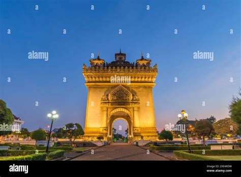 Vientiane Laos Night City Skyline At Patuxai Patuxay The Most Famous