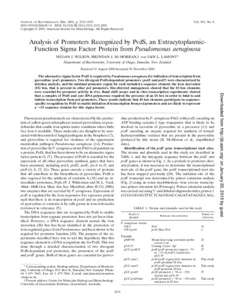Pdf Analysis Of Promoters Recognized By Pvds An Extracytoplasmic Function Sigma Factor