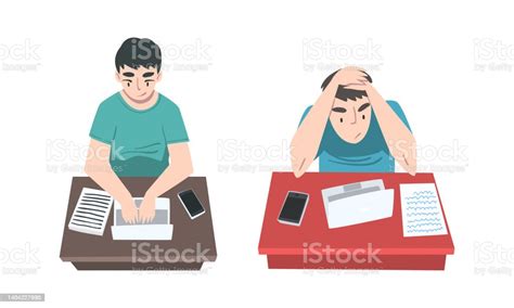 기사를 쓰는 남성 저자 노트북 컴퓨터 만화 벡터 일러스트레이션에 타이핑하는 프리랜서 작가 복고풍에 대한 스톡 벡터 아트 및 기타