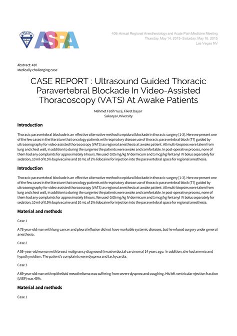 Pdf Ultrasound Guided Thoracic Paravertebral Blockade In Video Assisted Thoracoscopy Vats At