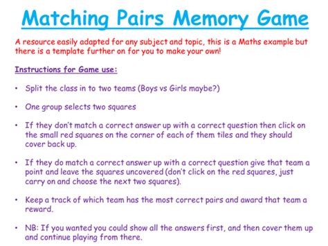 Maths Matching Pairs Memory Game Teaching Resources