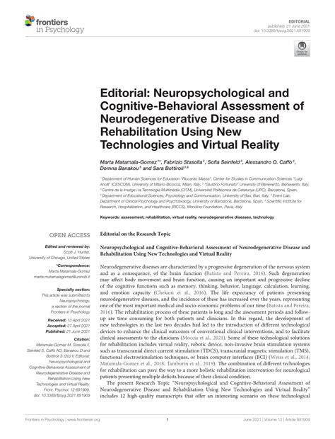 Pdf Editorial Neuropsychological And Cognitive Behavioral Assessment Of Neurodegenerative