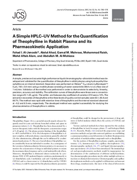 Pdf A Simple Hplc Uv Method For The Quantification Of Theophylline In Rabbit Plasma And Its