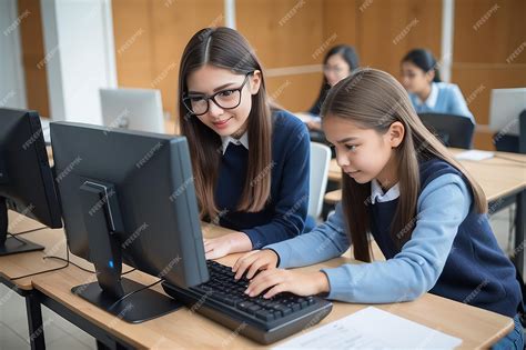 Premium Photo Teacher Teaching Computer To Student Girlpupil Studying