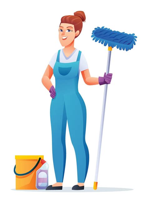 Cheerful Cleaning Woman With Mop And Bucket Female Janitor Cartoon