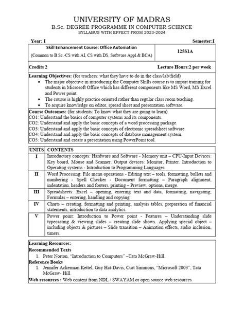 Skill Based Syllabus Pdf Spreadsheet Microsoft Excel