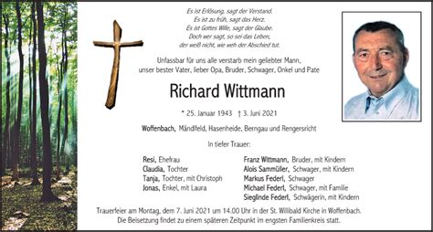 Traueranzeigen Von Richard Wittmann Trauernnde