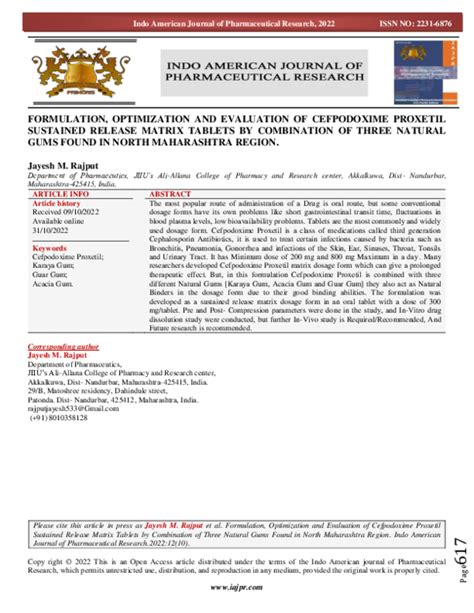 Pdf Formulation Optimization And Evaluation Of Cefpodoxime Proxetil Sustained Release Matrix