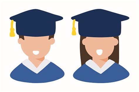 학생들은 졸업식 날 미소를 짓습니다 플랫 스타일의 남자와 여자 졸업 가운 모자를 쓴 학생들의 아이콘 벡터 그림 개념에 대한 스톡 벡터 아트 및 기타 이미지 Istock