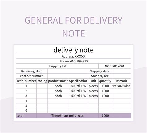 General For Delivery Note Excel Template And Google Sheets File For Free Download Slidesdocs