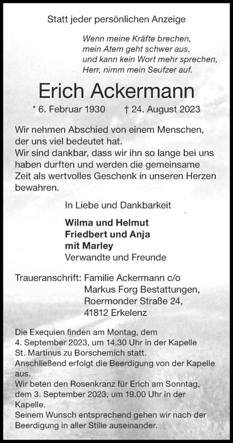 Traueranzeigen Von Erich Ackermann Aachen Gedenkt