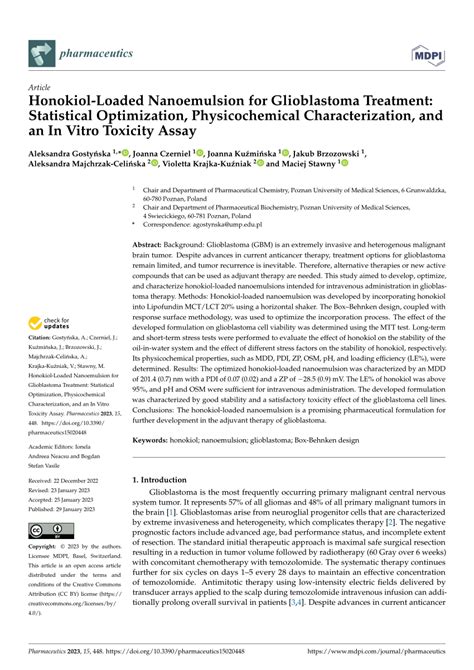 Pdf Honokiol Loaded Nanoemulsion For Glioblastoma Treatment Statistical Optimization