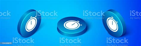 파란색 배경에 격리된 아이소메트릭 스톱워치 아이콘입니다 시간 타이머 기호입니다 크로노미터 기호 파란색 원 버튼입니다 벡터 일러스트레이션 2 위 상 종류에 대한 스톡 벡터