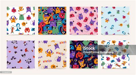 만화 스타일의 재미있는 괴물과 컬렉션 원활한 패턴 직물 디자인 배경 화면 포장지에 대한 귀여운 문자와 어린이 의 배경 벡터 0