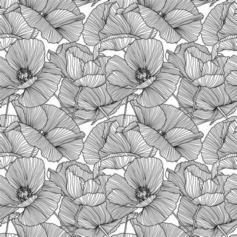 손으로 야생 꽃을 그리는 벡터 원활한 패턴 선형 흑백 식물 그림 꽃 요소 손으로 그린 반복 가능한 배경 예술적 배경 프리미엄 벡터