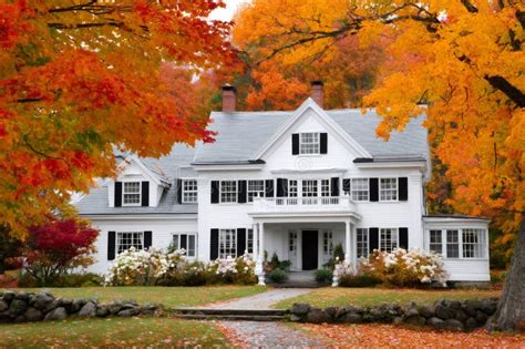 Classic New England Victorian Home In Autumn Foliage Stock Illustration