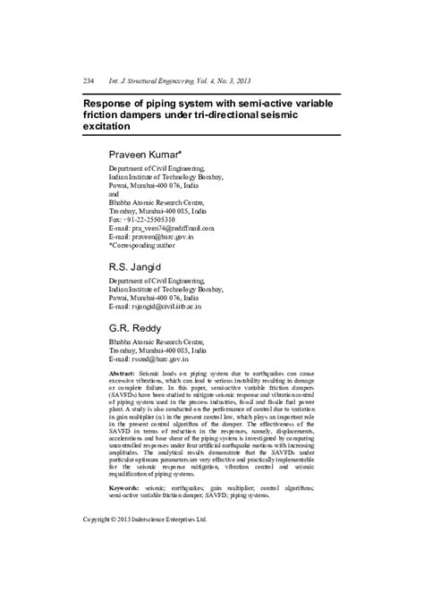 Pdf Response Of Piping System With Semi Active Variable Friction Dampers Under Tri Directional