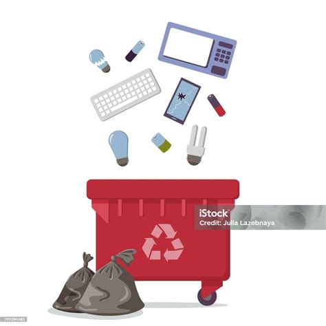 전자 폐기물 세트에 대한 빨간색 재활용 쓰레기통 배너 전단지 재활용 재사용 감축을 위한 폐기물 캔 분리 올바른 쓰레기통에 전자 장치를 버리소하십시오 Tv 컴퓨터 전화 배터리