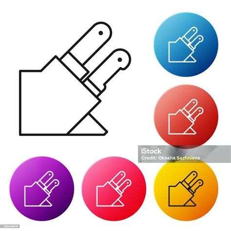 흰색 배경에 격리 된 검은 색 선 칼 아이콘입니다 칼 기호입니다 아이콘 다채로운 원 버튼을 설정합니다 벡터 일러스트레이션 강철에 대한 스톡 벡터 아트 및 기타 이미지