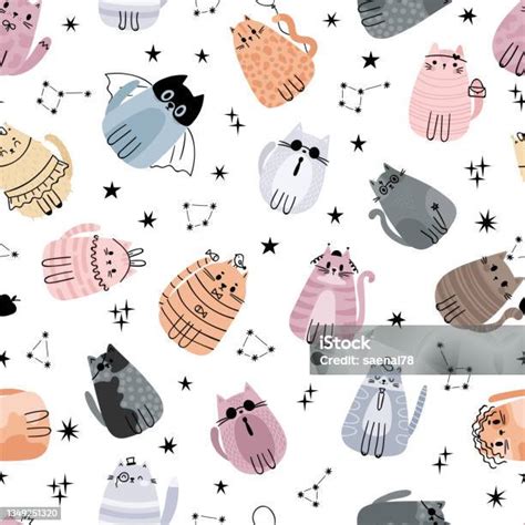 양식에 일치시키는 만화 고양이와 귀여운 매끄러운 패턴 공간과 별 사랑스러운 낙서 문자 천 직물 종이디자인 카와이에 대한 스톡 벡터 아트 및 기타 이미지 Istock