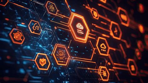 A Digital Network Visualization With Interconnected Hexagonal Nodes And Icons Premium Ai