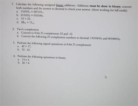 Solved 1 Calculate The Following Unsigned Binary Additions