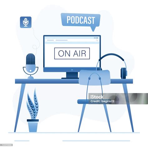 라디오 호스트의 직장 미디어 호스팅 방송 오디오 토크의 기술 팟 캐스트 개념 블로거 또는 방송사의 작업 공간 미디어 콘텐츠 제작 사람이없는 책상 마이크에 대한 스톡 벡터