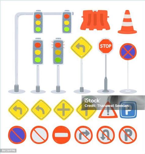 교통 표시 장비 신호등 플라스틱 장벽 트래픽 콘 교통 표지도 표지판 흰색 배경 스타일 화려한 그림 평면 벡터 만평 귀여운 벡터 개체의 집합 거리에 대한 스톡 벡터 아트 및