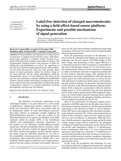 Pdf Label Free Detection Of Charged Macromolecules By Using A Field Effect Based Sensor