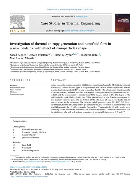 Pdf Investigation Of Thermal Entropy Generation And Nanofluid Flow In