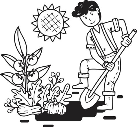 Hand Drawn Male Farmer Holding A Hoe Digging The Ground Illustration