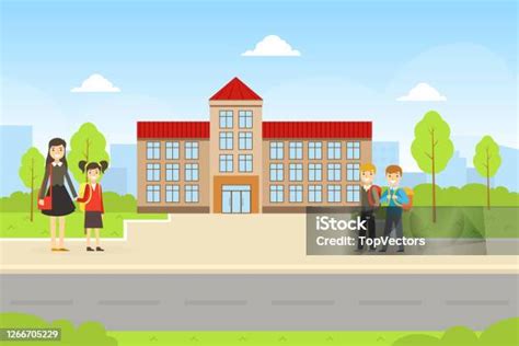 학교 건물 과 앞 마당 과 쾌활한 학생들과 부모 학교 개념 만화 벡터 일러스트로 돌아가기 건물 외관에 대한 스톡 벡터 아트 및 기타 이미지 건물 외관 교사 교육 관련