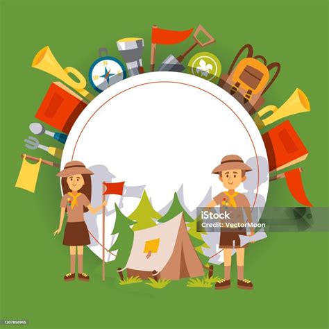 스카우트 캠프 브로셔 커버 템플릿 벡터 일러스트레이션 친절한 남자와 여자 만화 캐릭터 여름 캠프에 초대 스카우트 지도자 하이킹 여행 배낭 여행 광고에 대한 스톡 벡터 아트