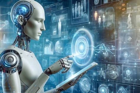 Humanoid Robot Analyzing Data Using Advanced Digital Touchscreen