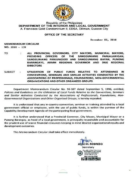Dilg Memorandum Circular No 2010 139 Pdf
