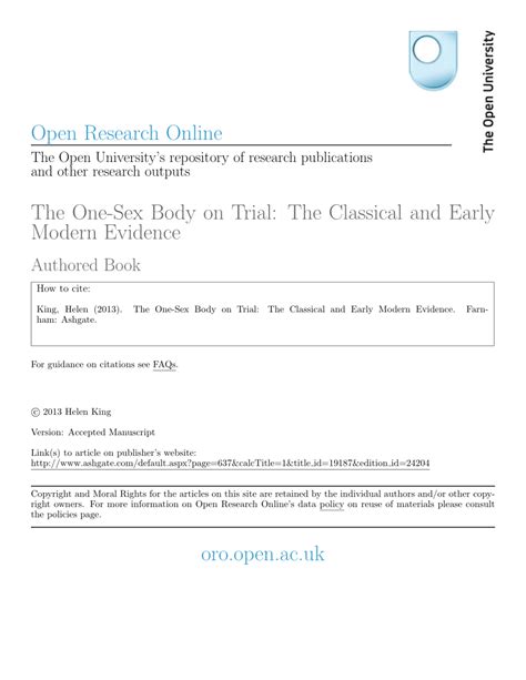 PDF The One Sex Body On Trial The Classical And Early Modern Evidence