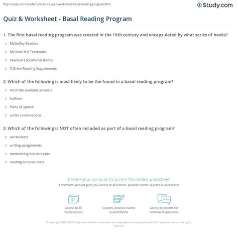 Quiz And Worksheet Basal Reading Program